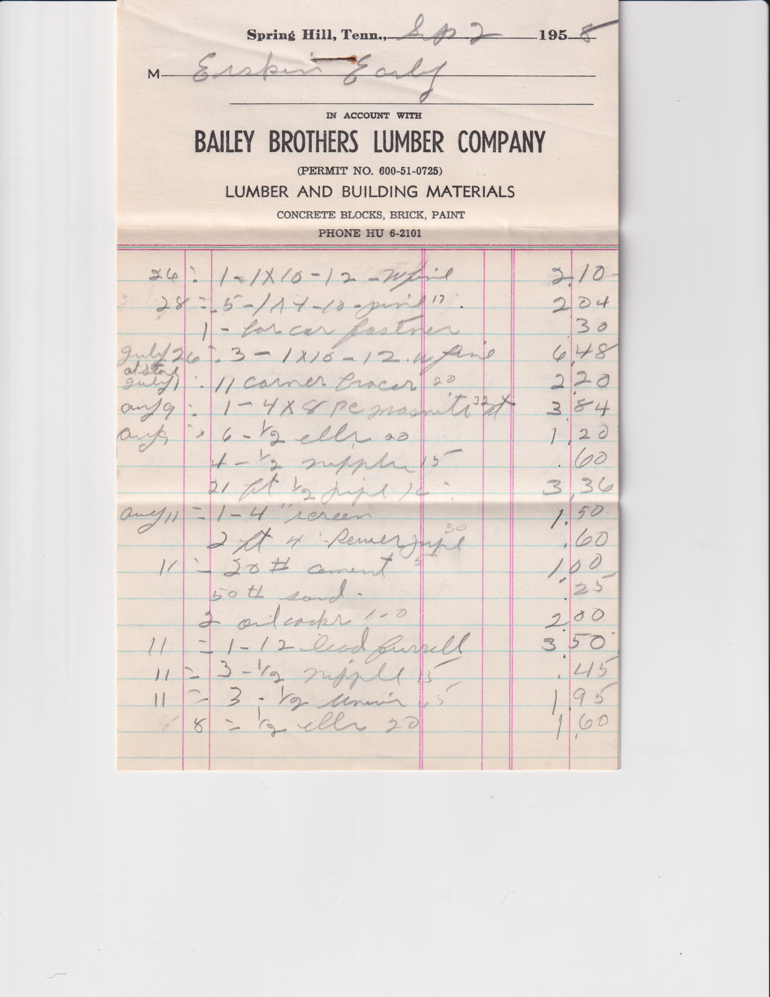 Invoice from Bailey Brother's Lumber - 1958